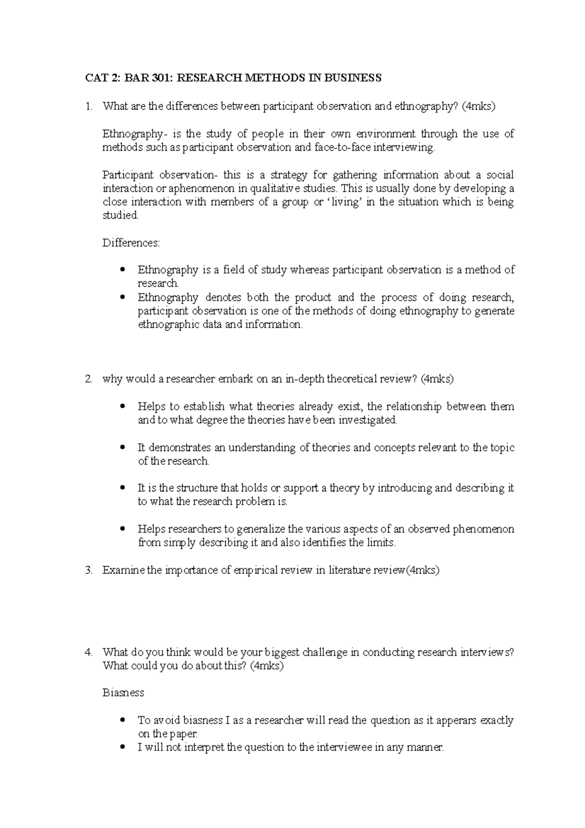 BAR 301 CAT 2 - HELPFUL - CAT 2: BAR 301: RESEARCH METHODS IN BUSINESS ...