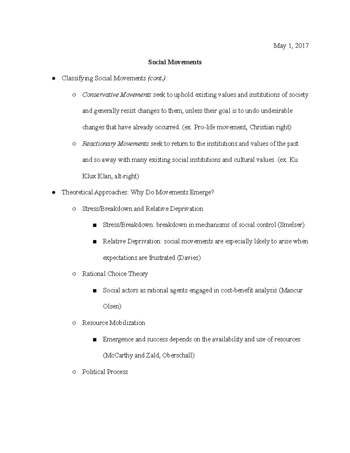 Intro to Sociology - Social Movements 2 - May 1, 2017 Social Movements ...