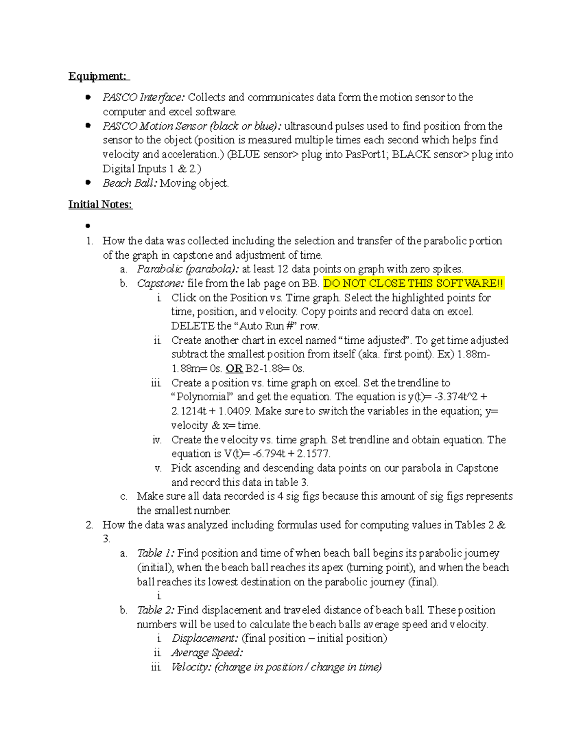 Lab 2 notes (physics) - Equipment: PASCO Interface: Collects and ...