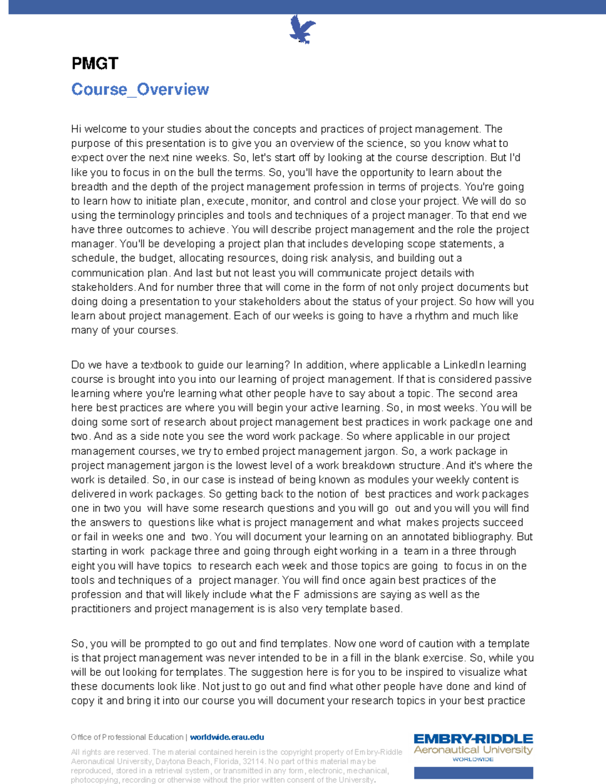 PMGT Course Overview - PMGT Course_Overview Hi welcome to your studies ...