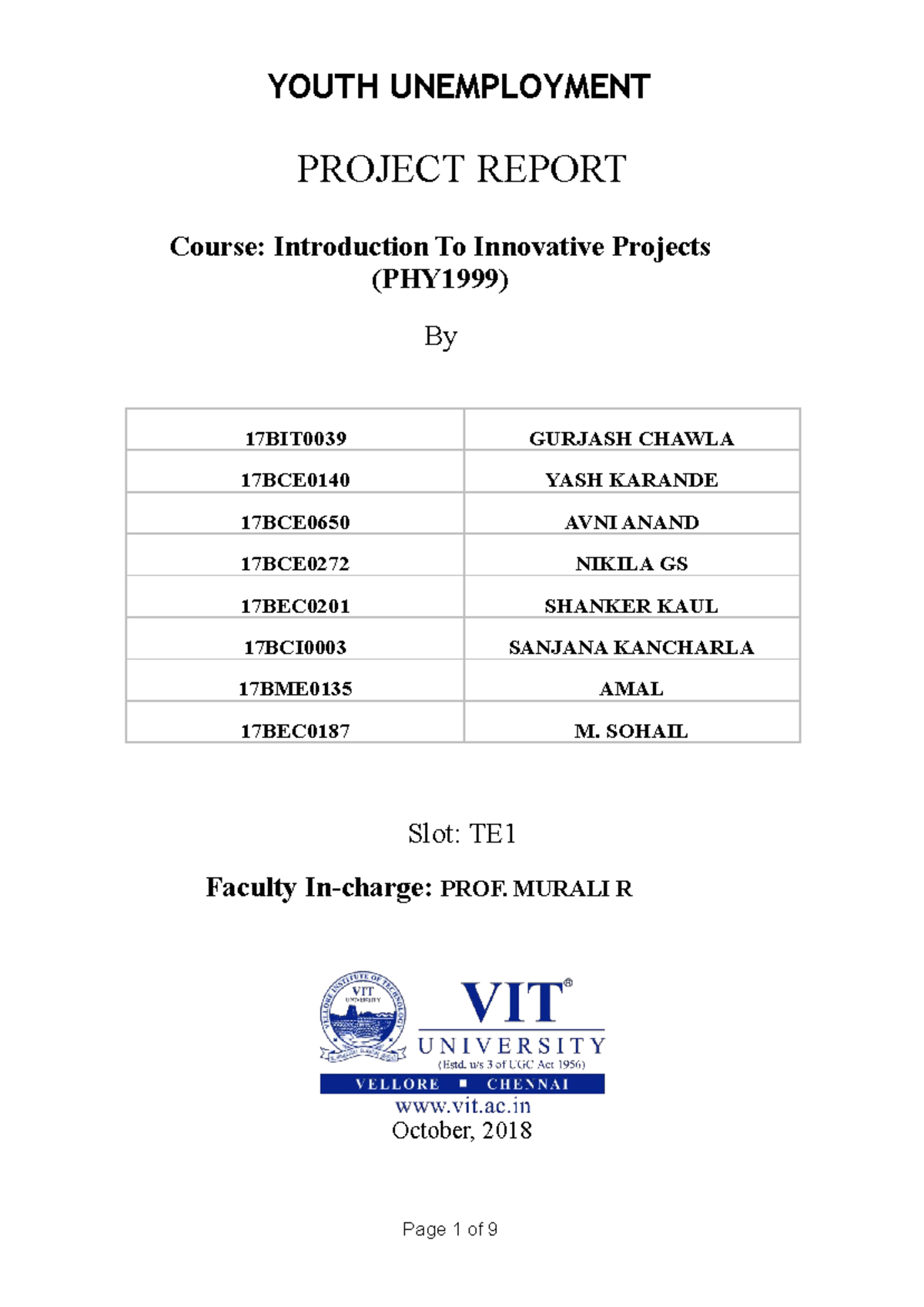 IIP projectreport Final - Page 1 of 9 YOUTH UNEMPLOYMENT PROJECT REPORT ...