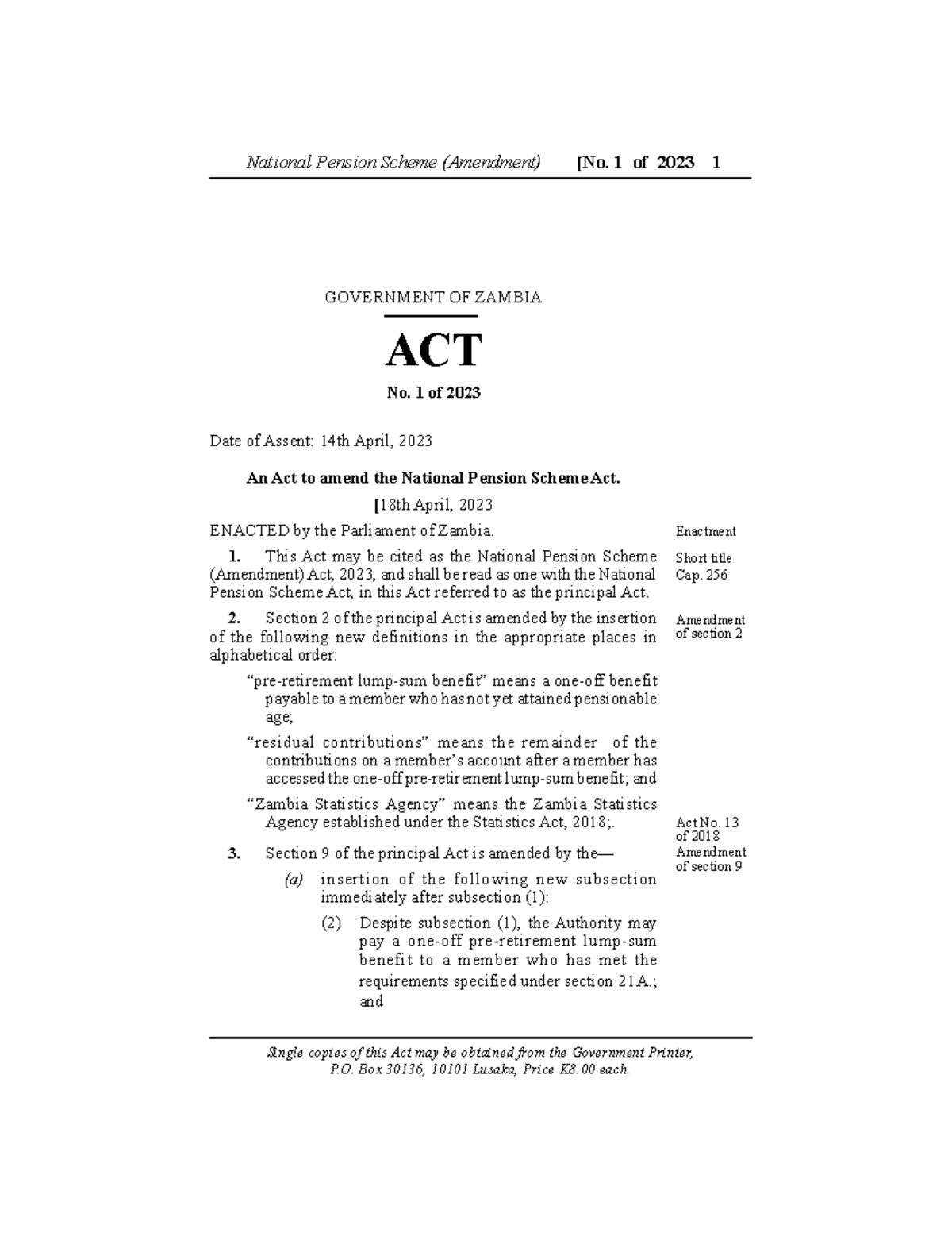 ACT No. 1 of 2023,THA National Pension Scheme ( Amendment) - National ...