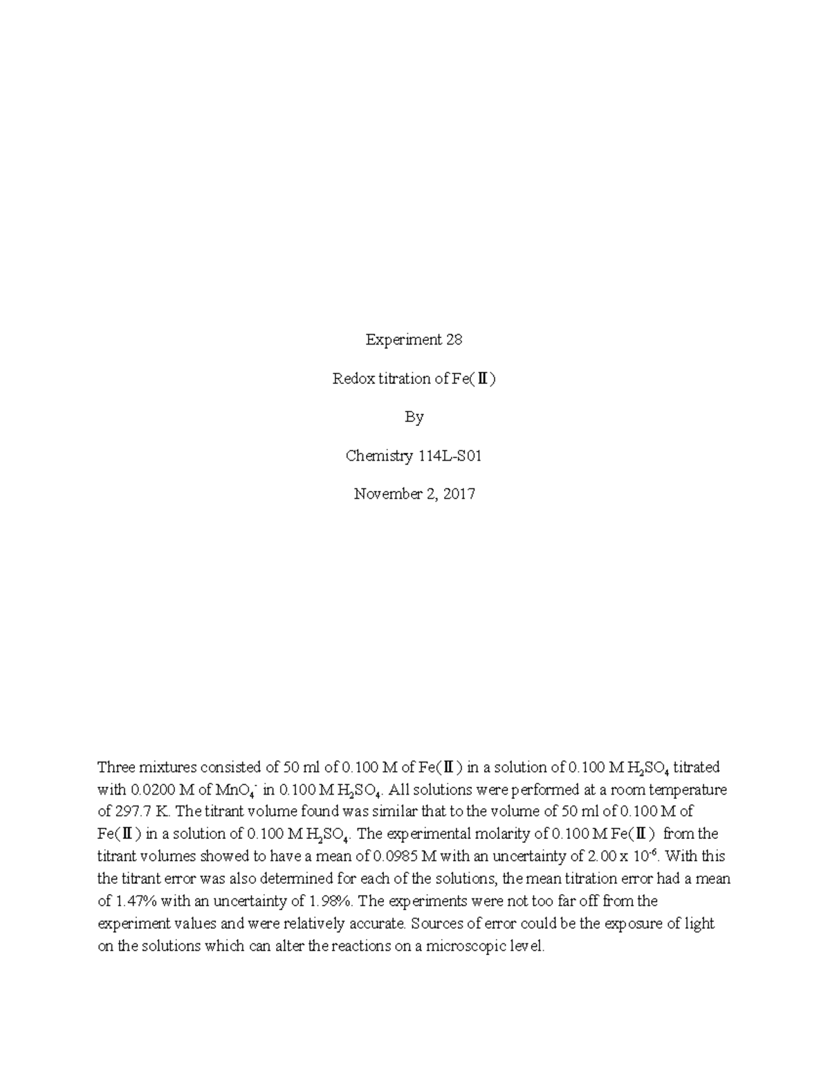 Experiment Report 28 - Experiment 28 Redox titration of Fe(II) By ...