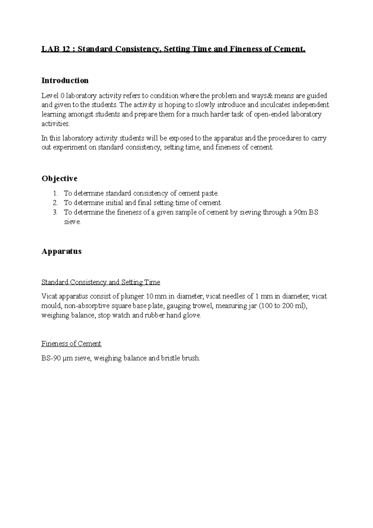 LAB 12 standard Consistency, Setting Time and Fineness of Cement ...