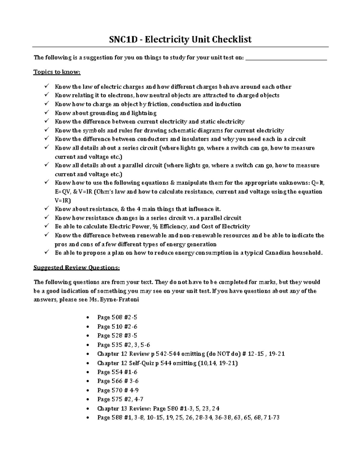 Checklist for unit test Electricity - SNC1D - Electricity Unit ...