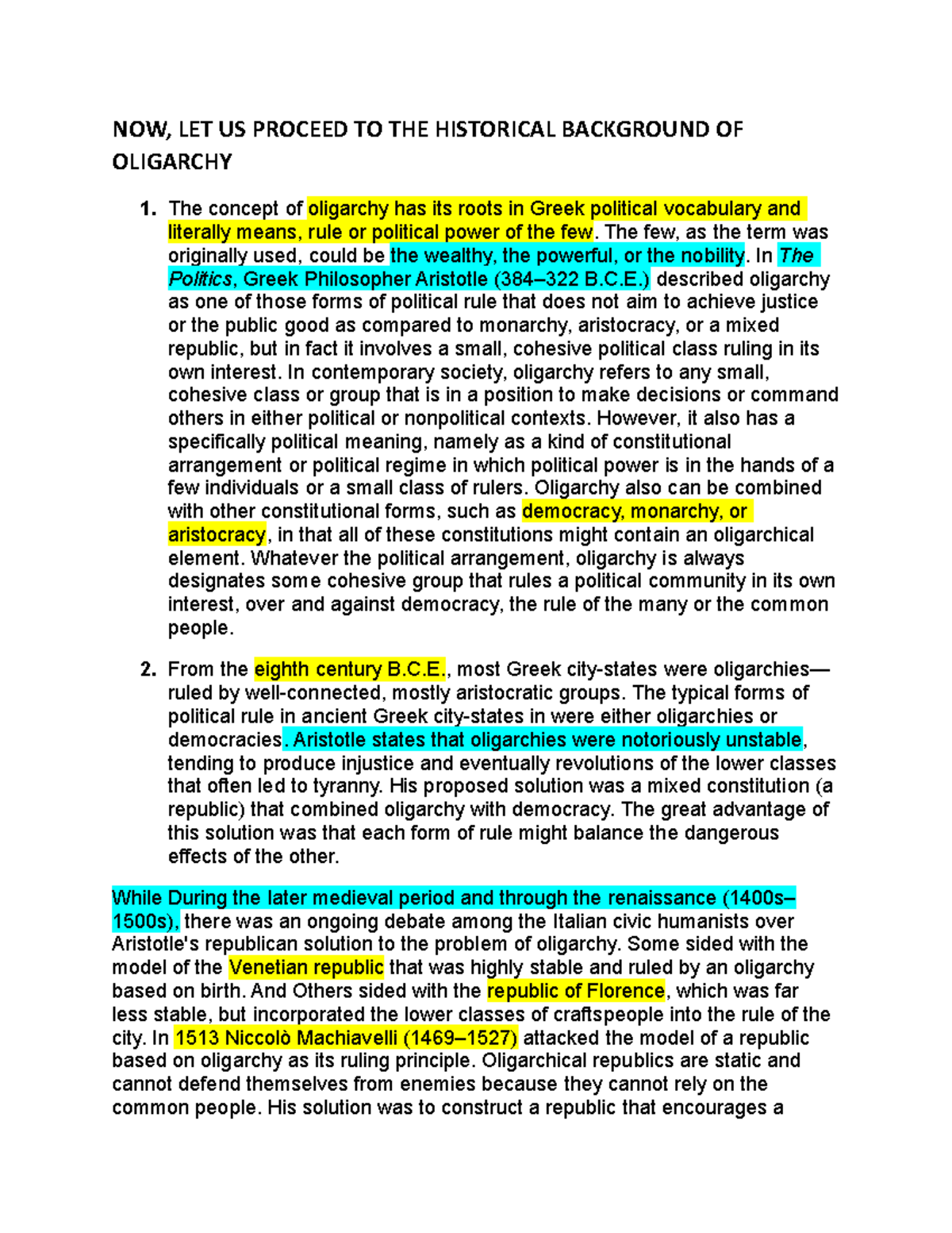 Historical Background OF Oligarchy - NOW, LET US PROCEED TO THE ...