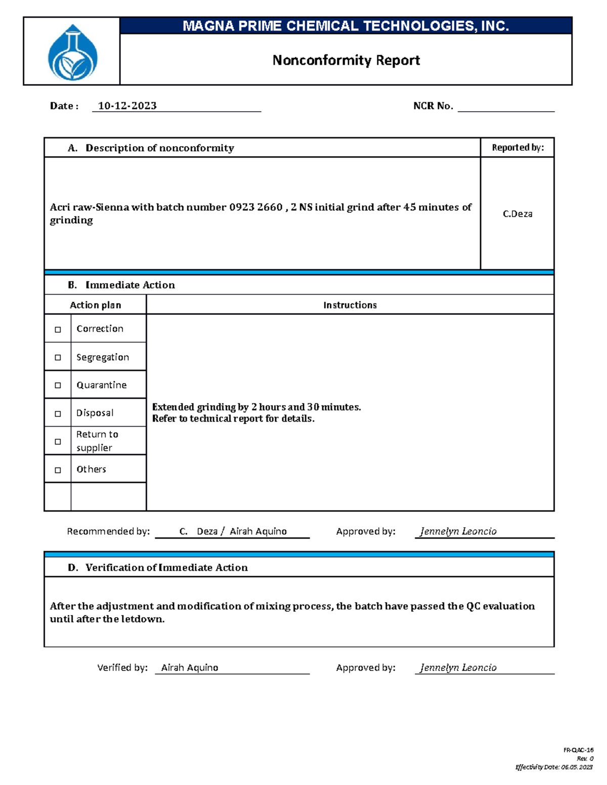 FR-QAC-16 Non Conformity Report - MAGNA PRIME CHEMICAL TECHNOLOGIES ...