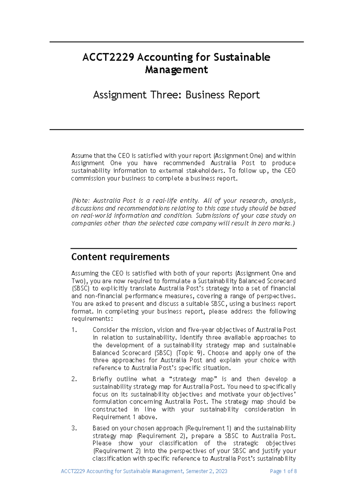 ACCT2229 2023 S2 Assignment Three - ACCT2229 Accounting for Sustainable ...