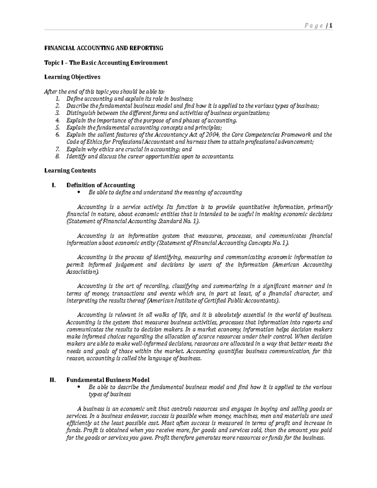 Financial Accounting and Reporting - Topic I - FINANCIAL ACCOUNTING AND ...