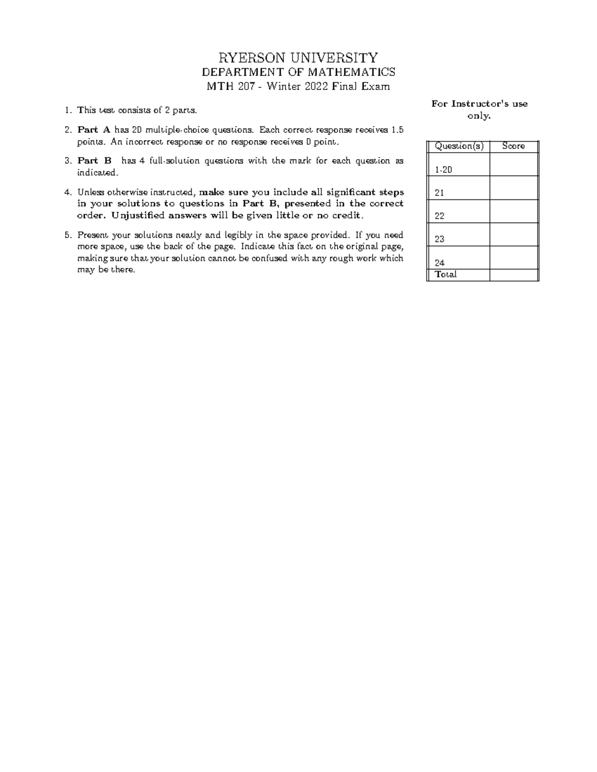 Final 2022 - RYERSON UNIVERSITY DEPARTMENT OF MATHEMATICS MTH 207 ...
