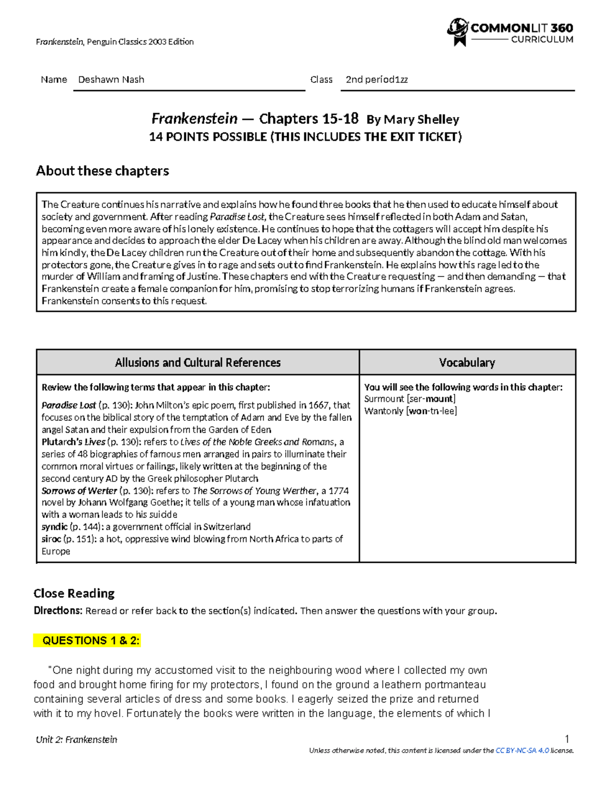 Copy of 2.18 Frankenstein Chapters 15-18 During-Reading Questions ...