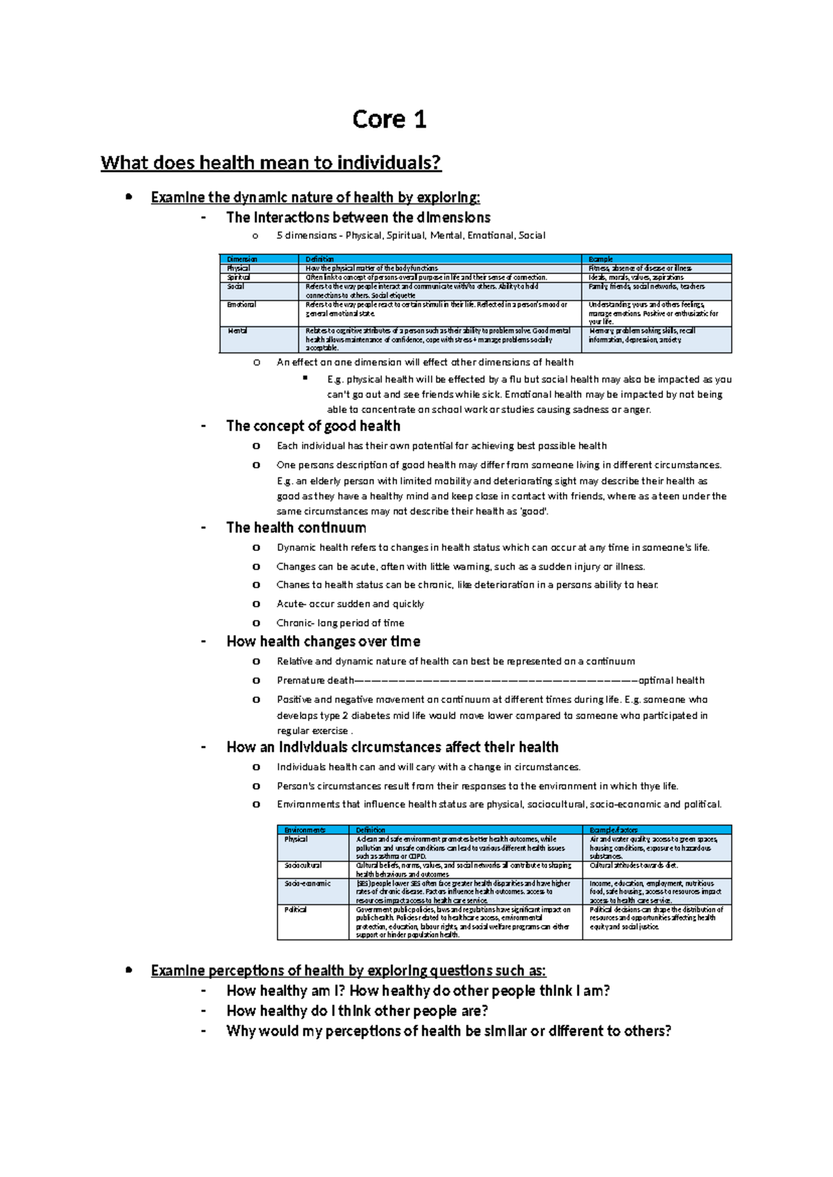 Syllabus notes - Core 1 What does health mean to individuals? Examine ...