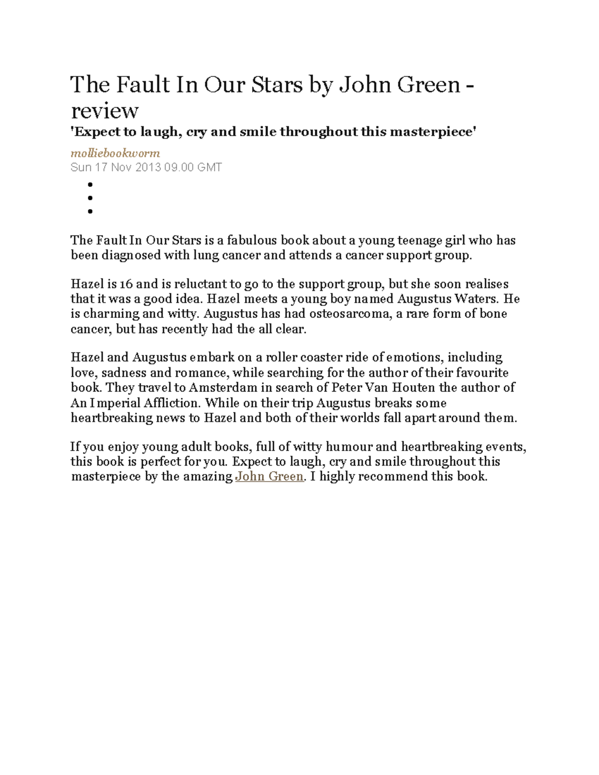 Fault in our stars - This is about an teenager - The Fault In Our Stars ...