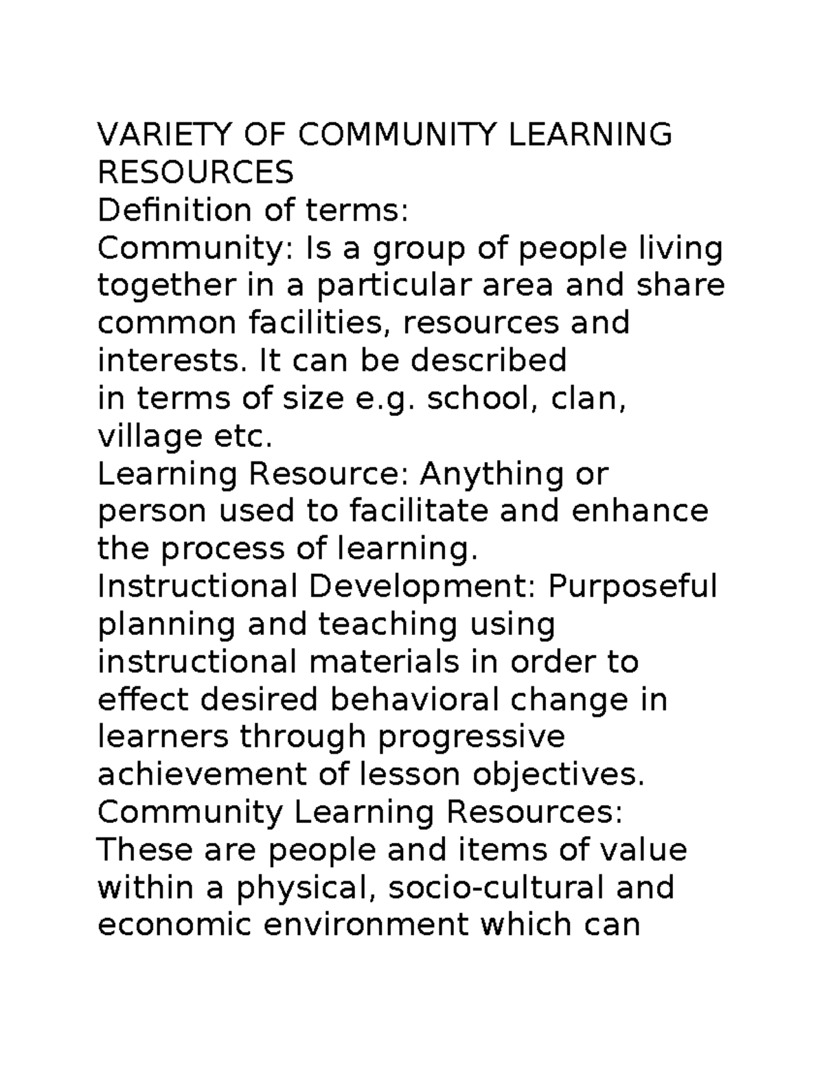Variety OF Community Learning Resources - VARIETY OF COMMUNITY LEARNING ...