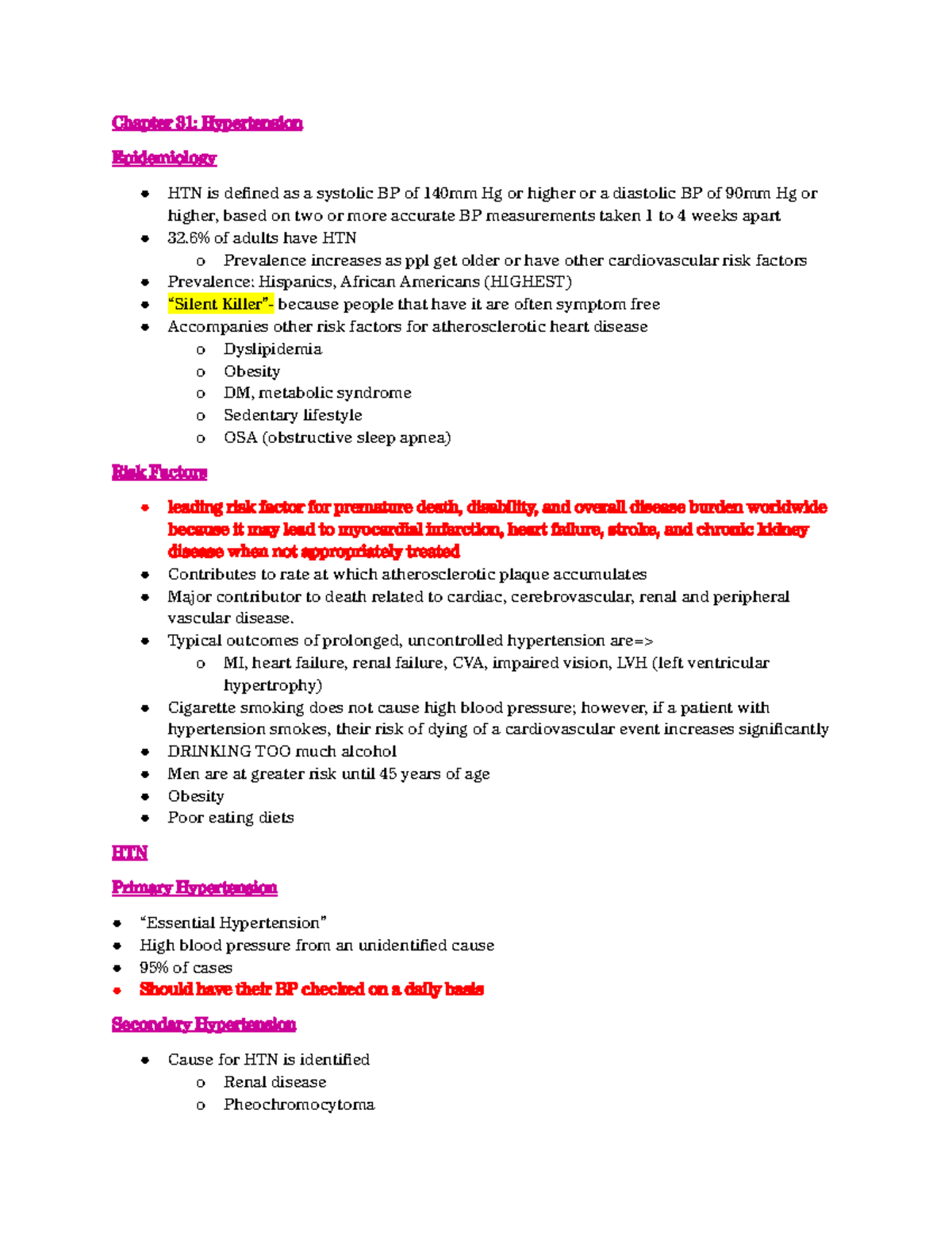 Chapter 31 HTN - MedSurg 2 HTN Notes - Chapter 31: Hypertension ...