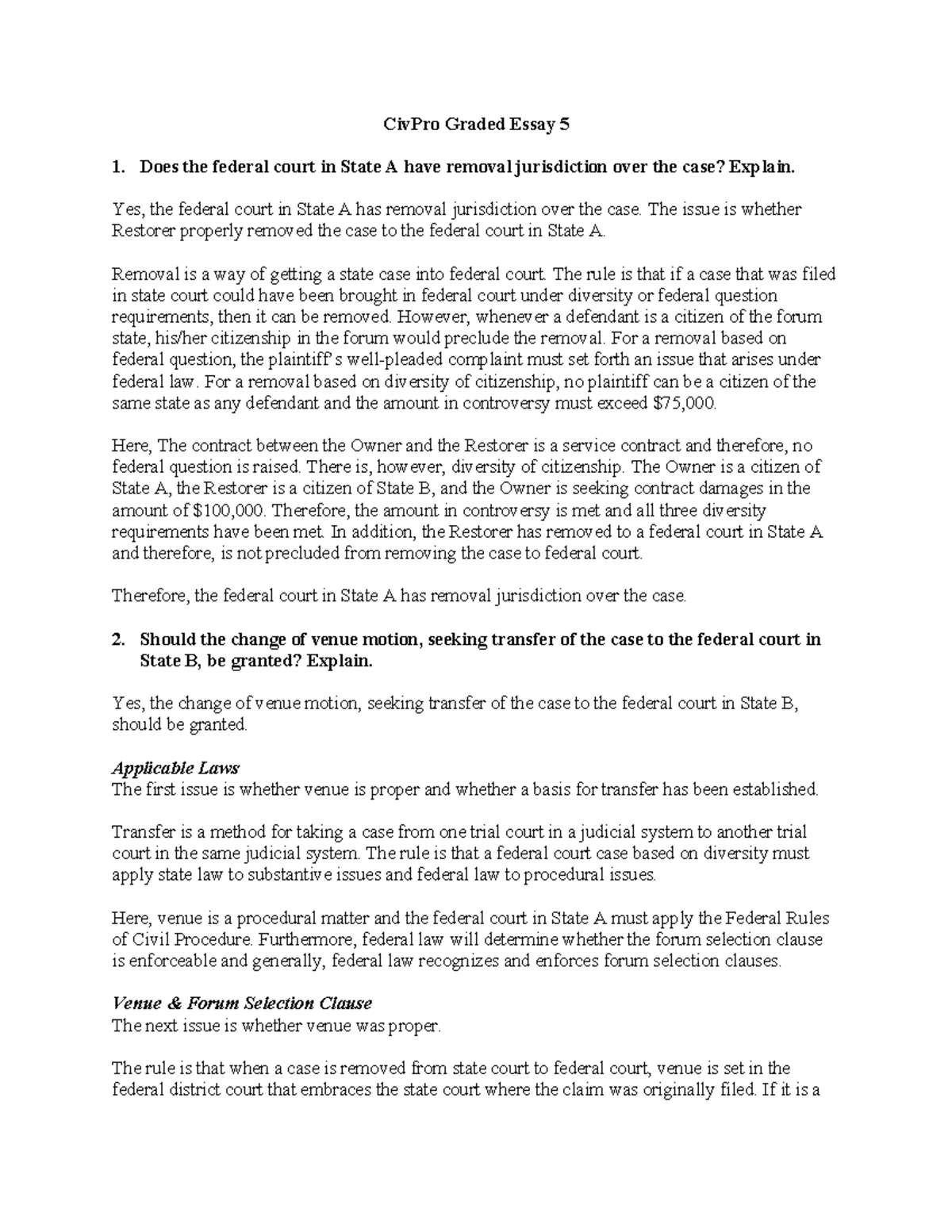 Civ Pro Essay Practice - CivPro Graded Essay 5 Does the federal court ...