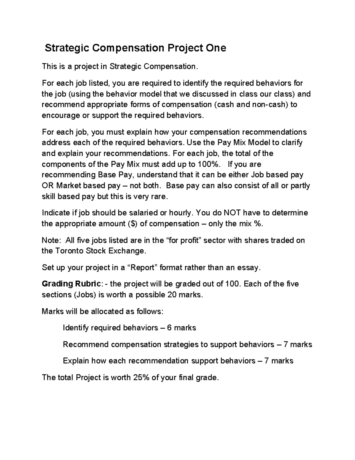 Project One - Assignment for design of compensation plans - Strategic ...
