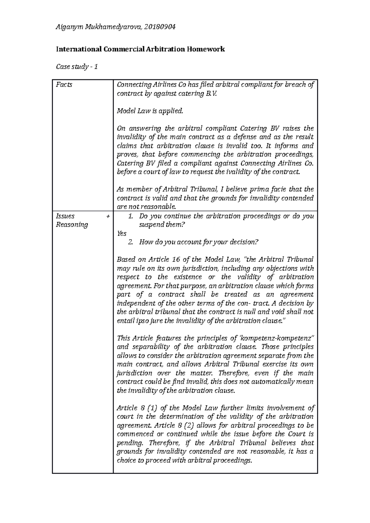 Case study homework - International Commercial Arbitration Homework ...