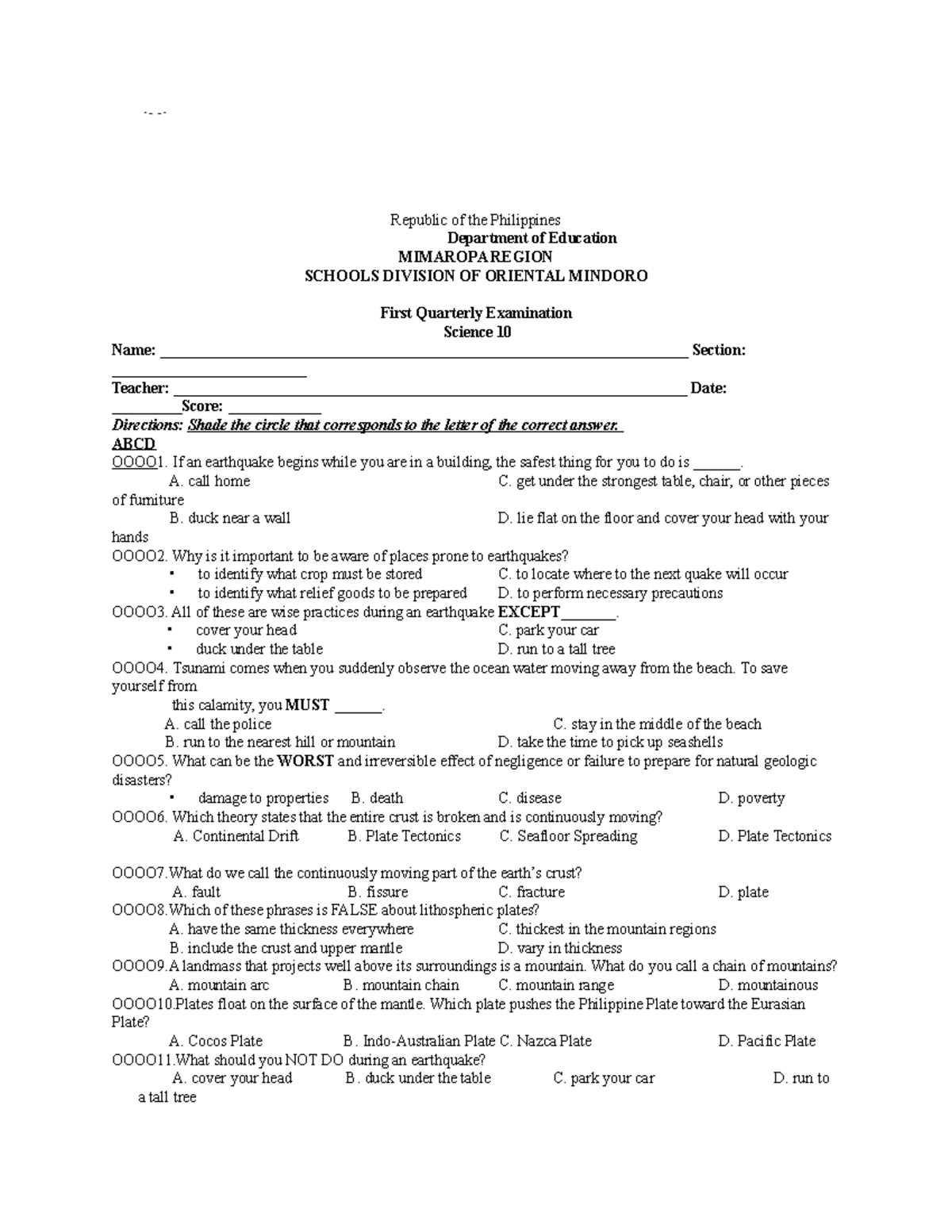 TOS Questionare - Lecture questionnaire - Republic of the Philippines ...