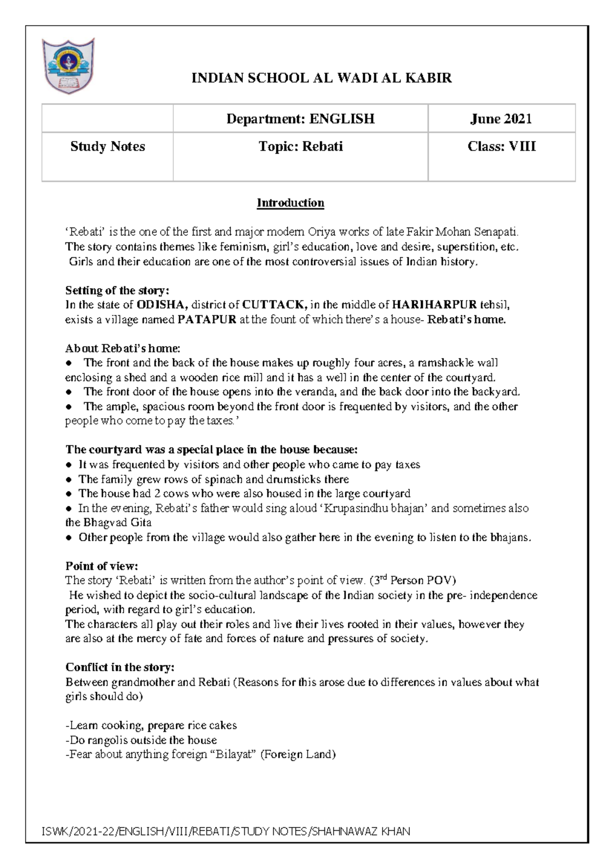 8937101-VIII- Rebati- Study Notes (21-22) - ISWK/2021-22/ENGLISH/VIII ...