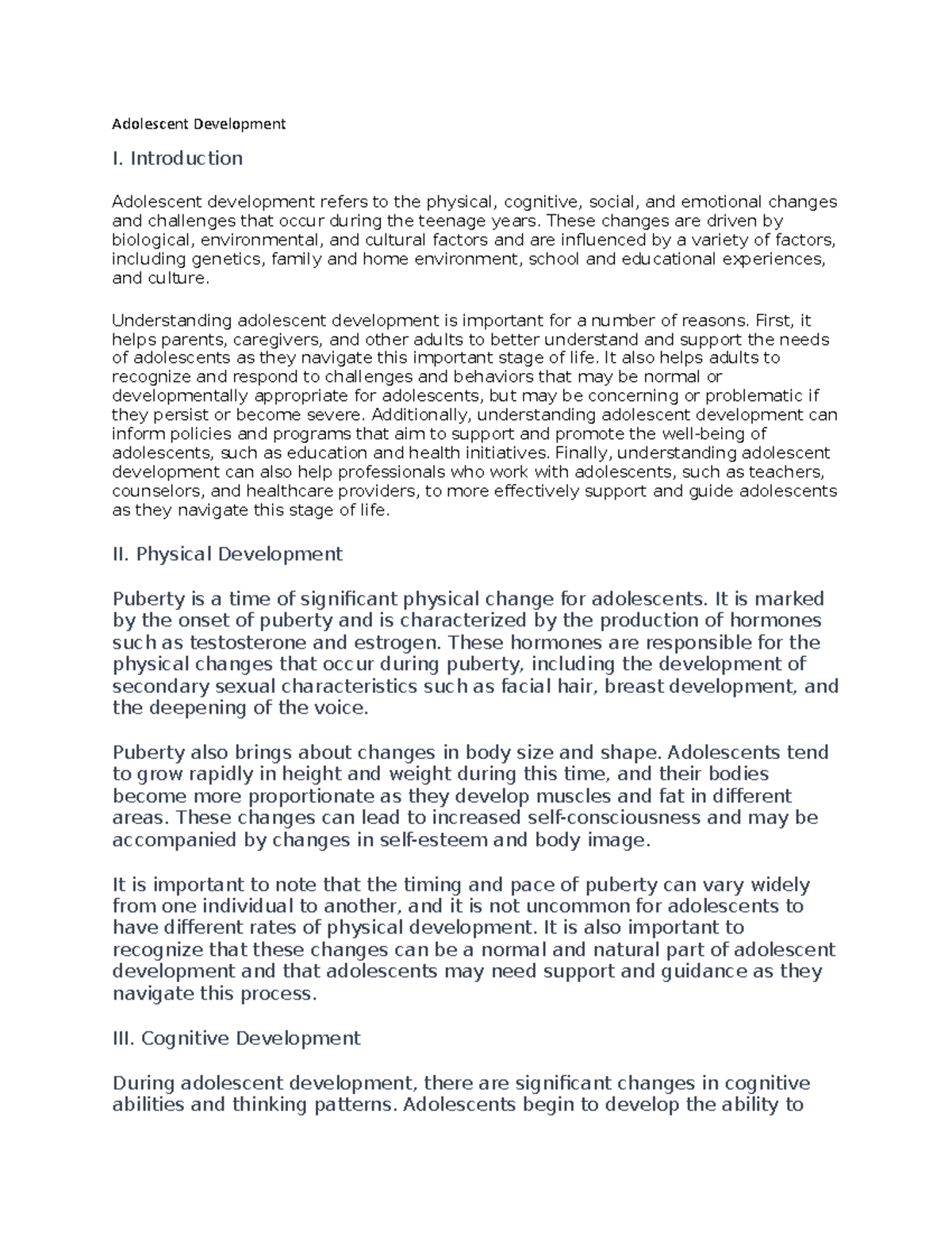 Adolescent Development - Introduction Adolescent development refers to ...