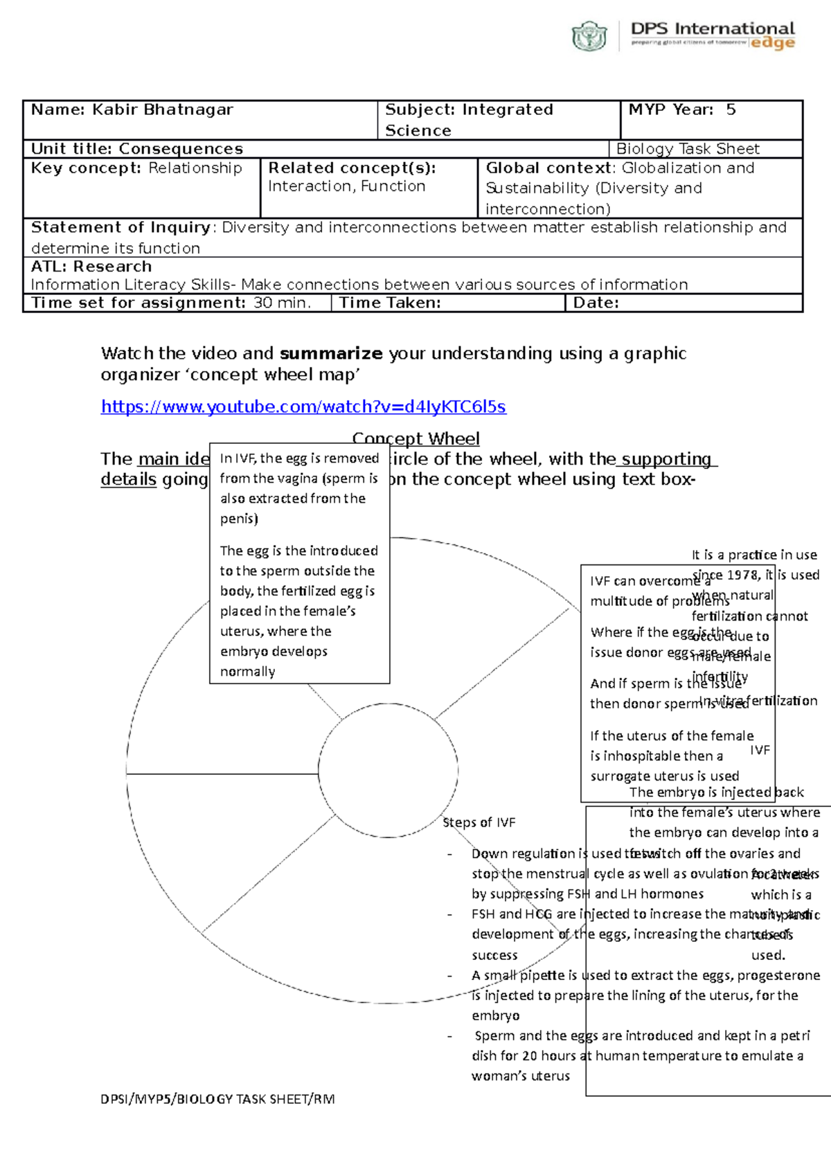 MYP 5 Biology Task Sheet - Name: Kabir Bhatnagar Subject: Integrated ...