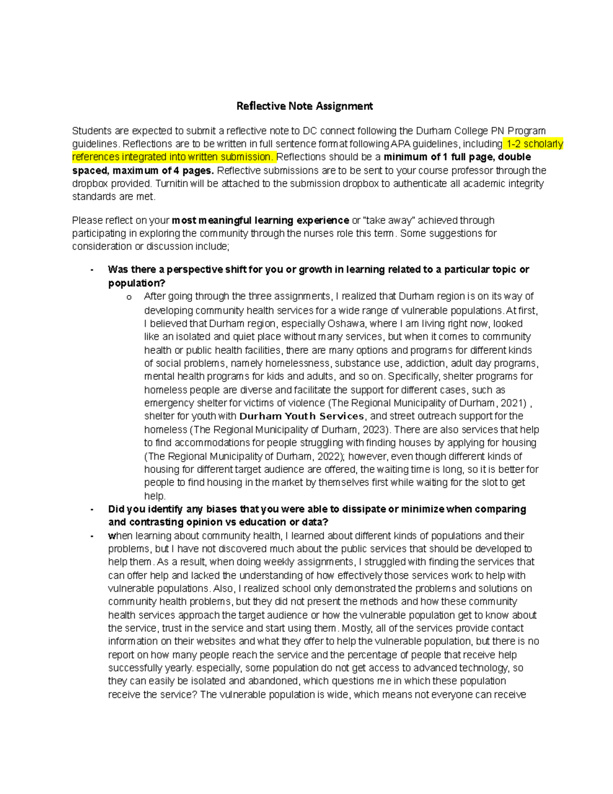 Reflective Note Assignment 15% - Reflective Note Assignment Students ...