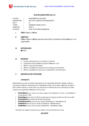 LAB02 Clases Objetos - ejercicios de programacion en java class - GUÍA DE LABORATORIO Nro. 02 ...