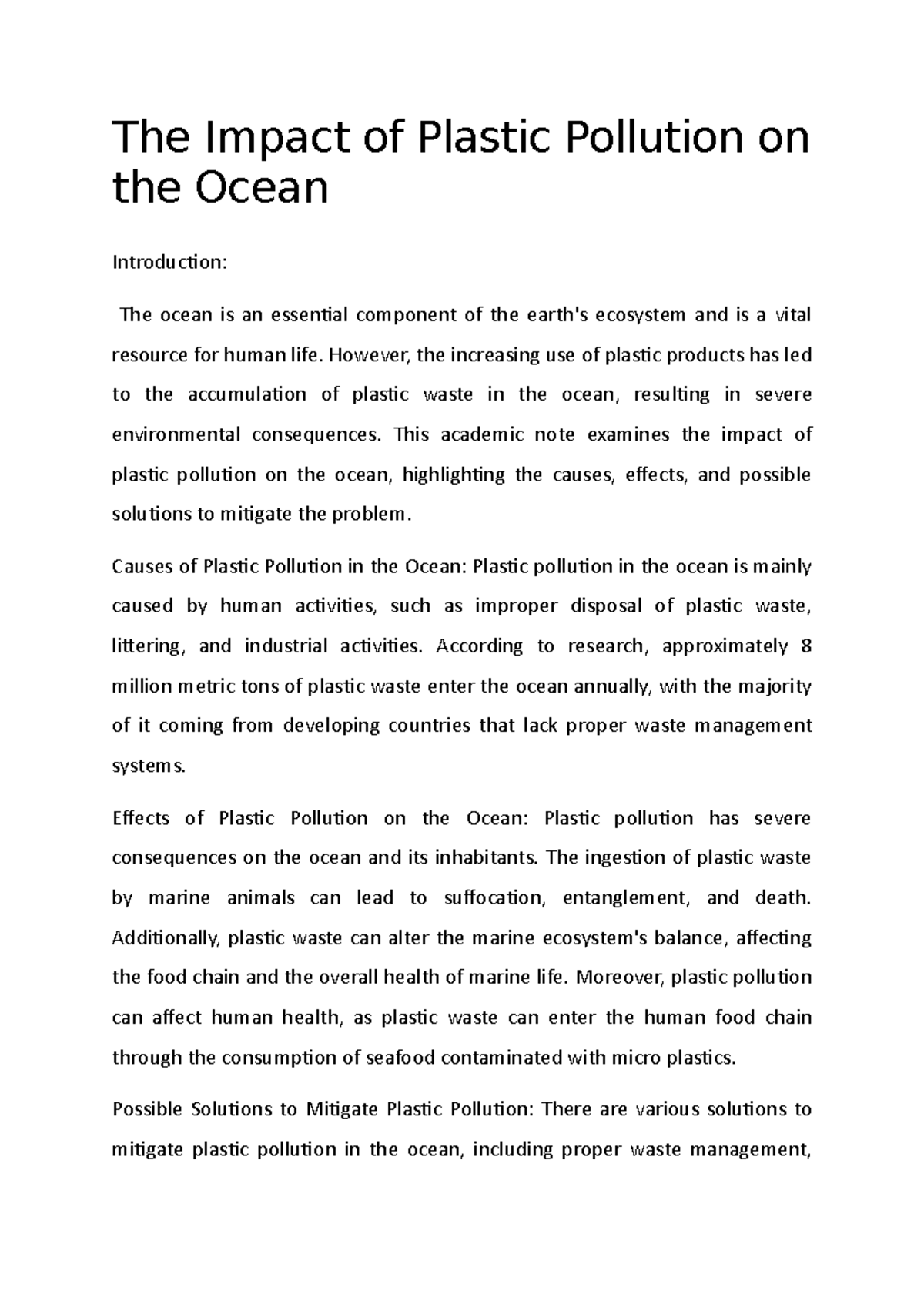 The Impact of Plastic Pollution on the Ocean - The Impact of Plastic ...
