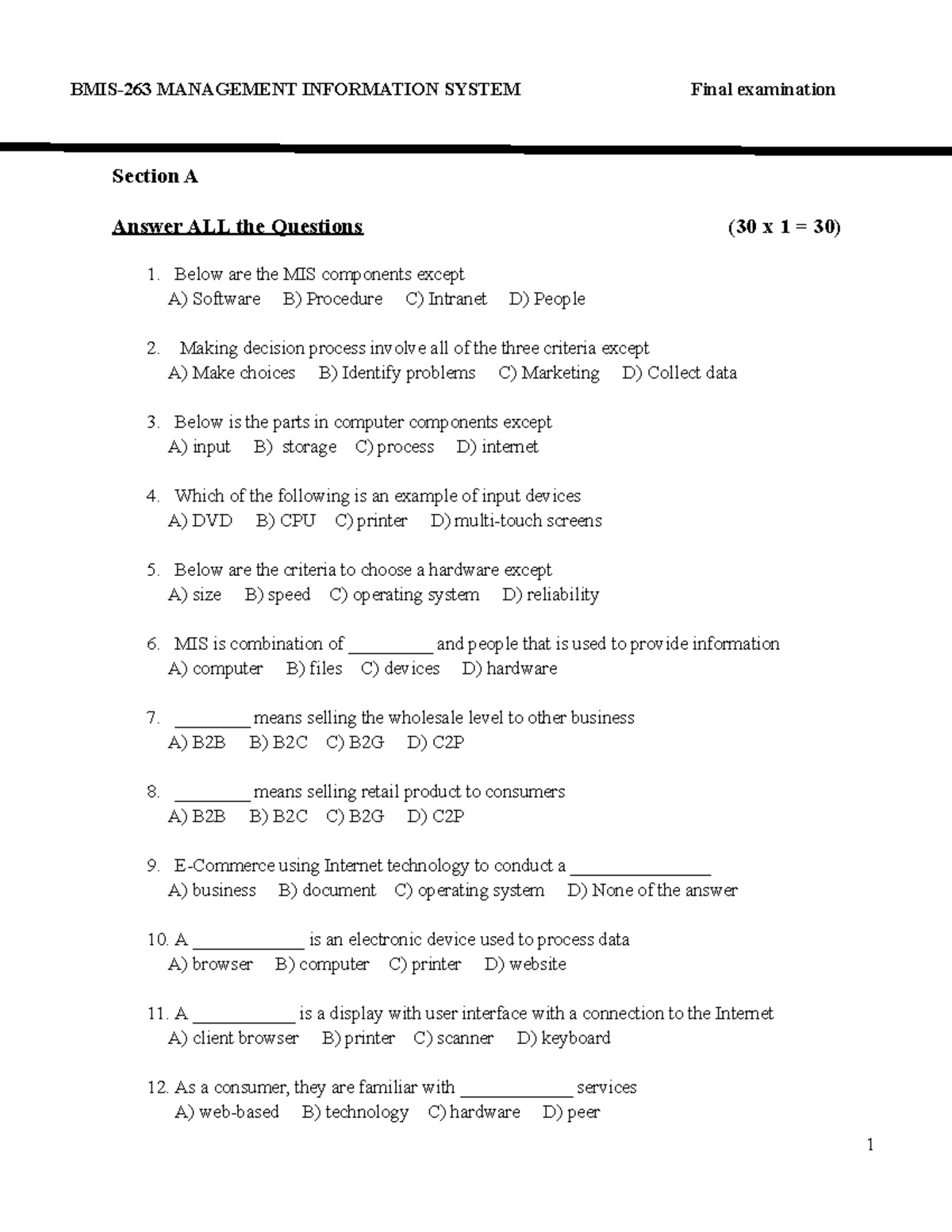 MIS QP set-2 - MIS - Section A Answer ALL the Questions (30 x 1 = 30 ...