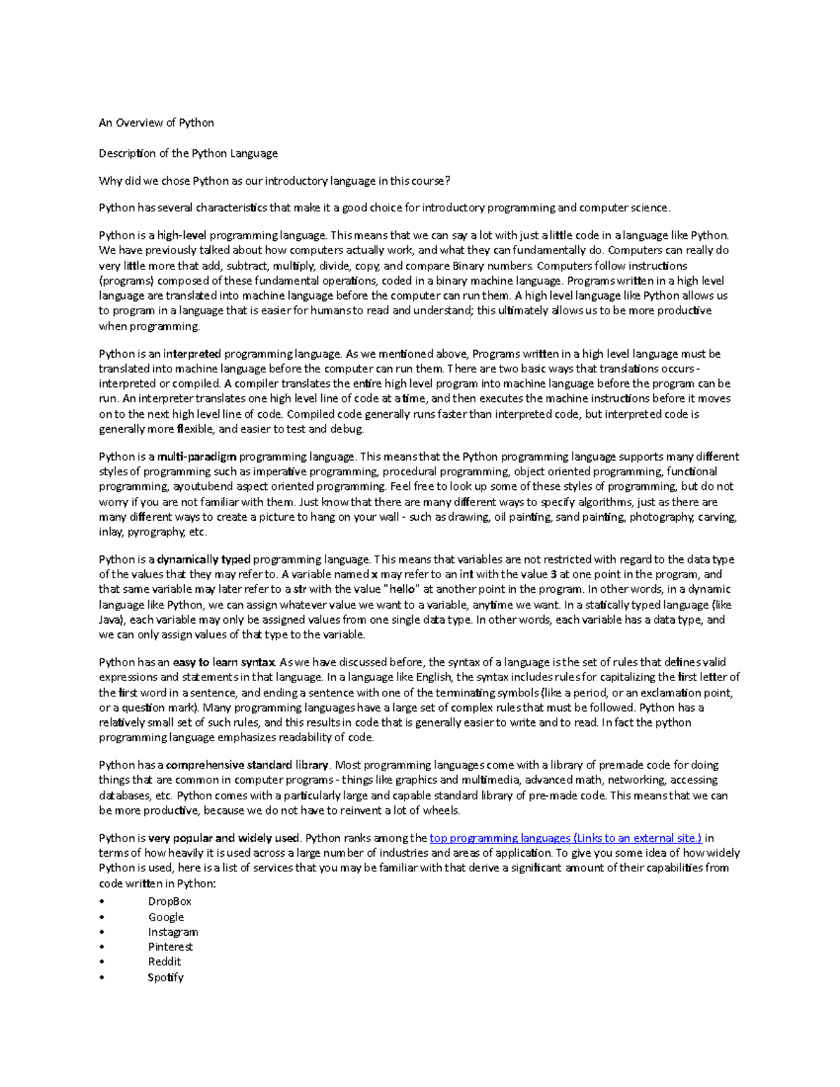 Final exam Practice - Study Help - An Overview of Python Description of ...