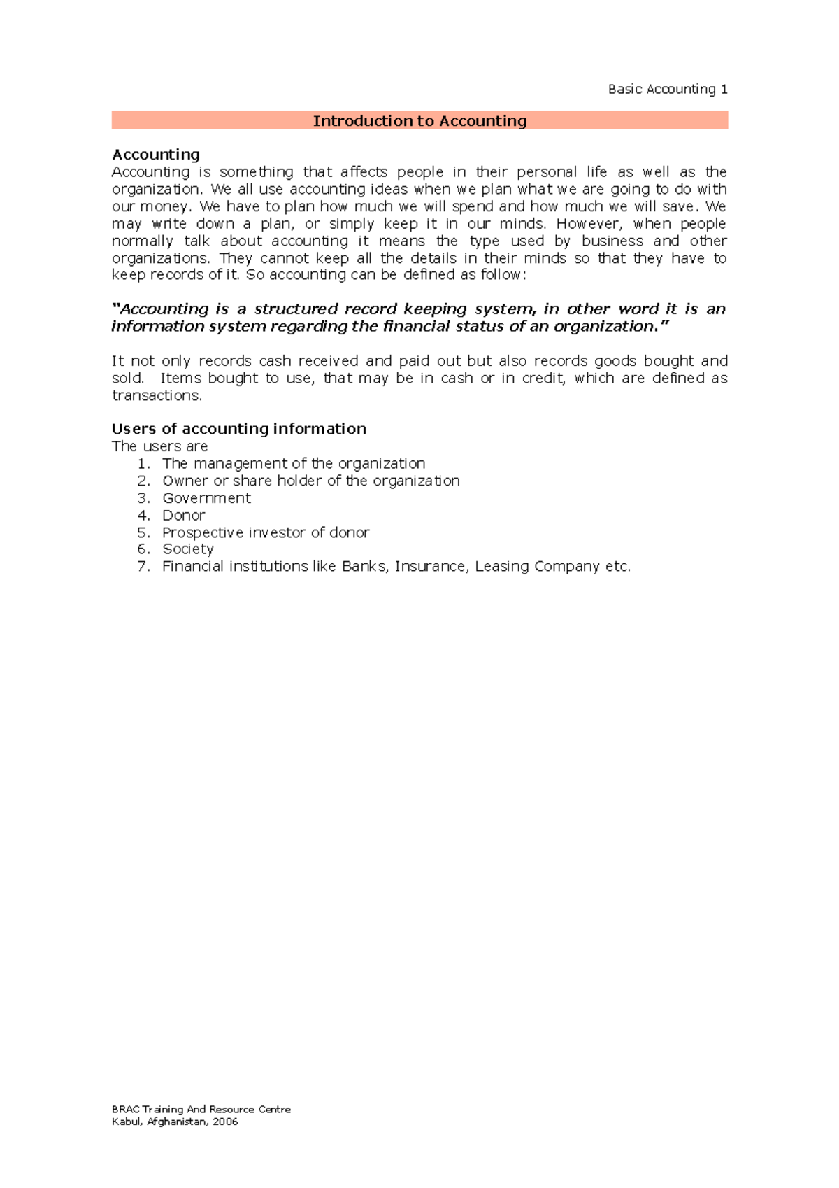 Basic Accounting - lecture notes - Basic Accounting 1 Introduction to ...