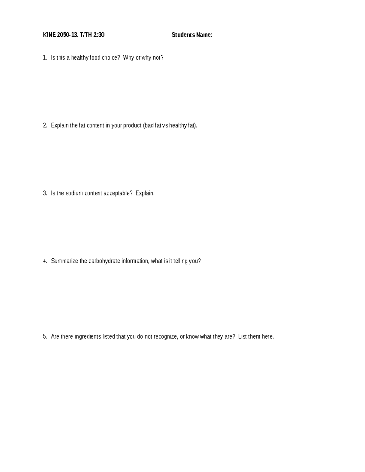Food Label Questions - CHEM 001B - KINE 2050-13. T/TH 2:30 Students ...