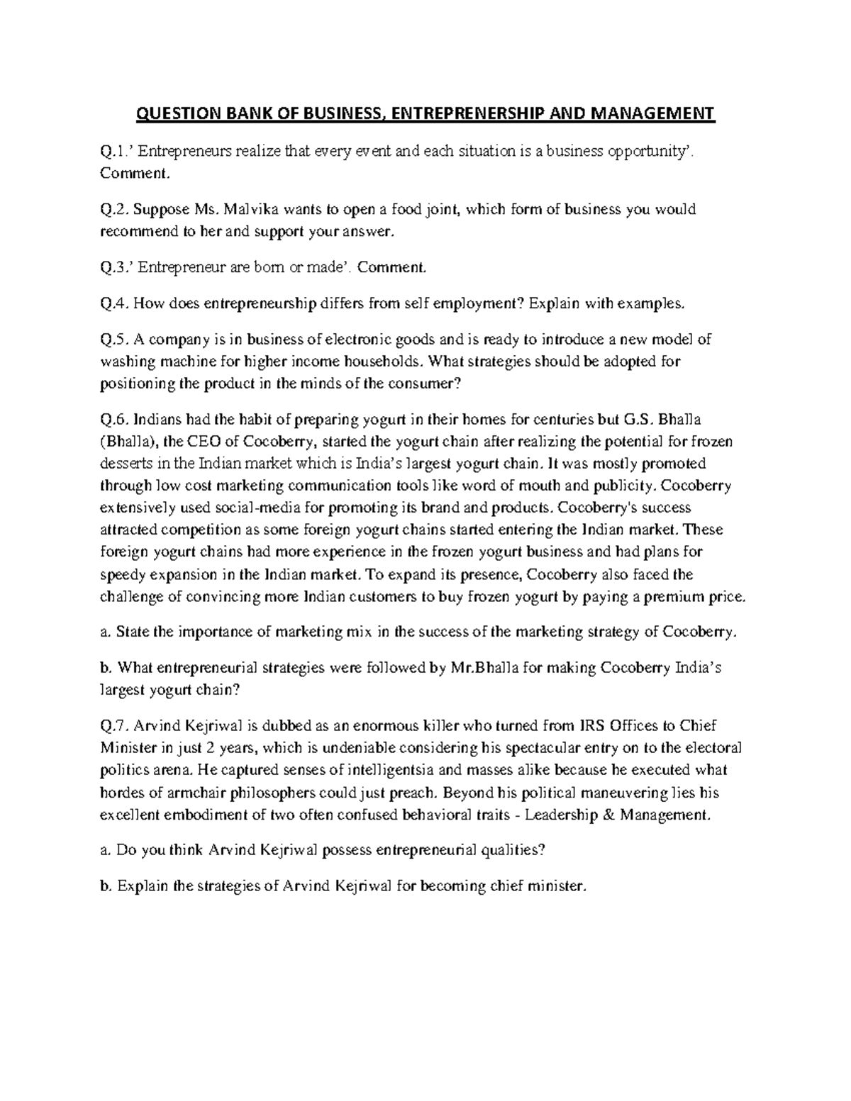 Question BANK OF BEM - QUESTION BANK OF BUSINESS, ENTREPRENERSHIP AND ...