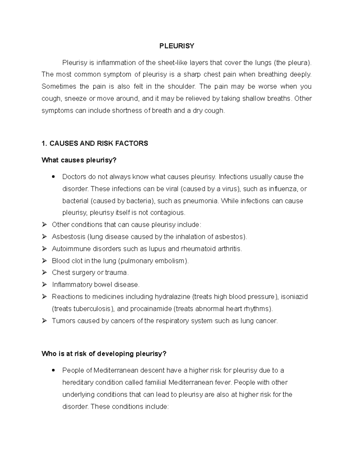 CASE Study FOR Pleurisy - PLEURISY Pleurisy is inflammation of the ...