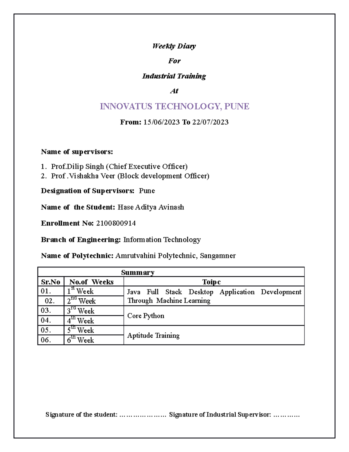 Aditya Diary - Weekly Diary For Industrial Training At INNOVATUS ...