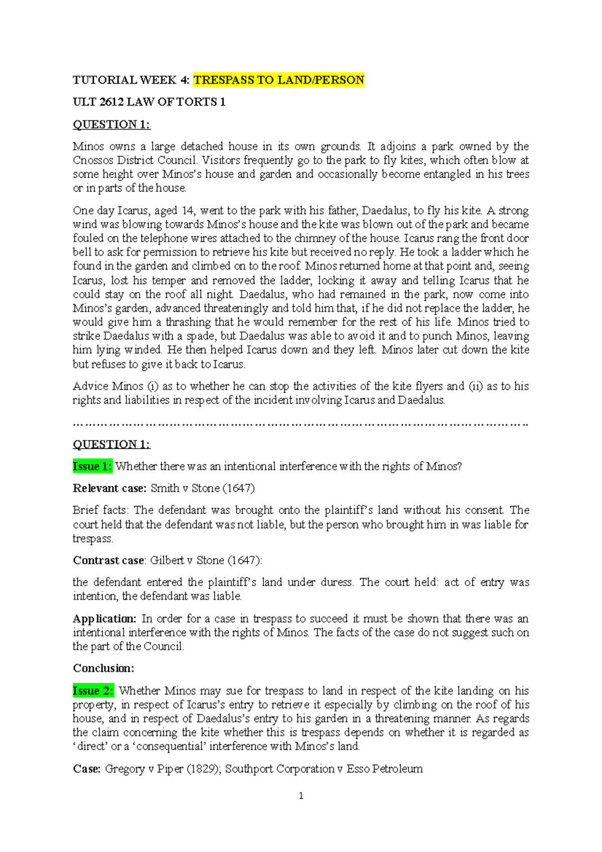 Trespass to land and person - TUTORIAL WEEK 4: TRESPASS TO LAND/PERSON ULT 2612 LAW OF TORTS 1 ...