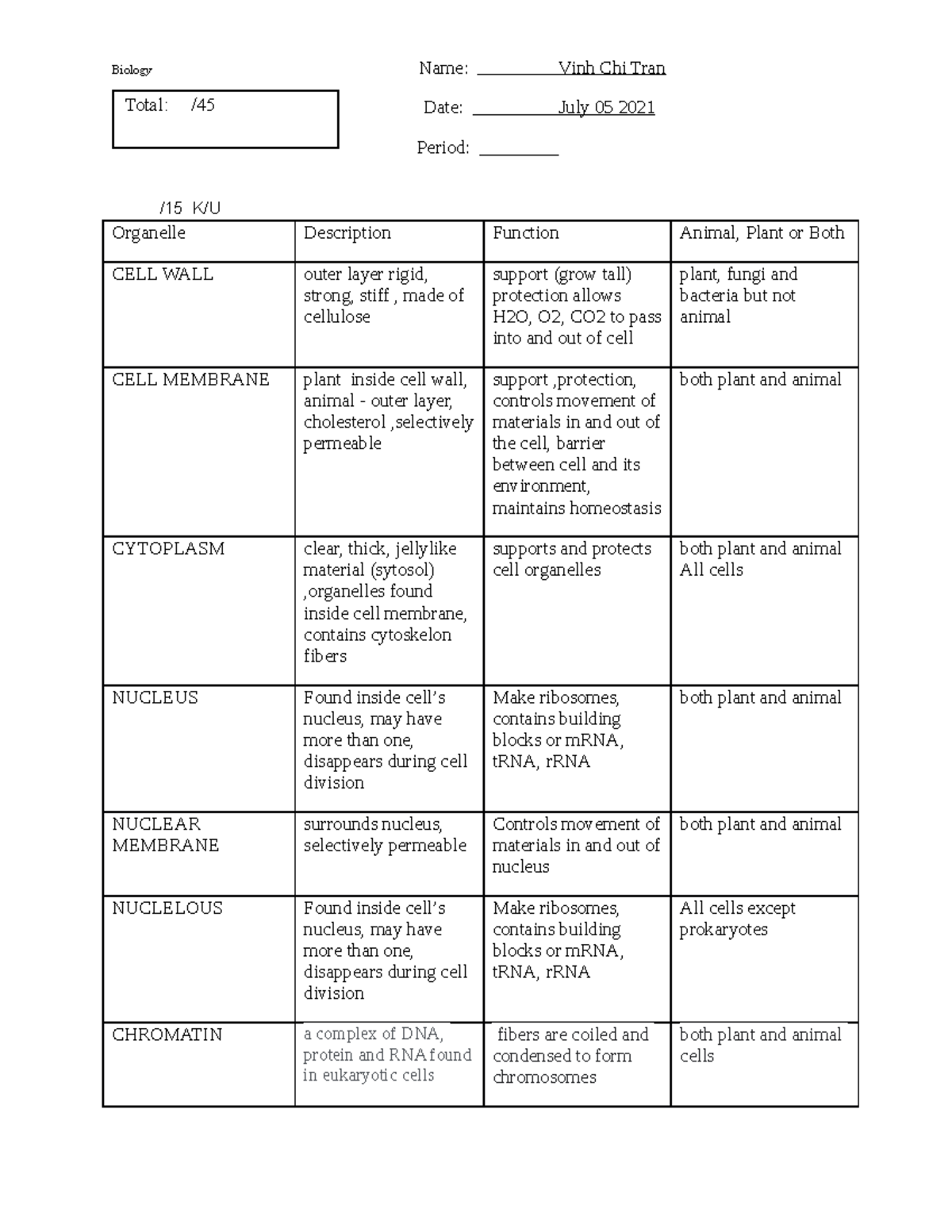Cell Organelles Assignment - Biology Name: Vinh Chi Tran Date: July 05 ...