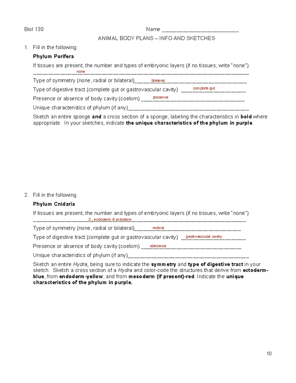 LAB 9 - Animal Body plans and information and vertebrate chordate ...