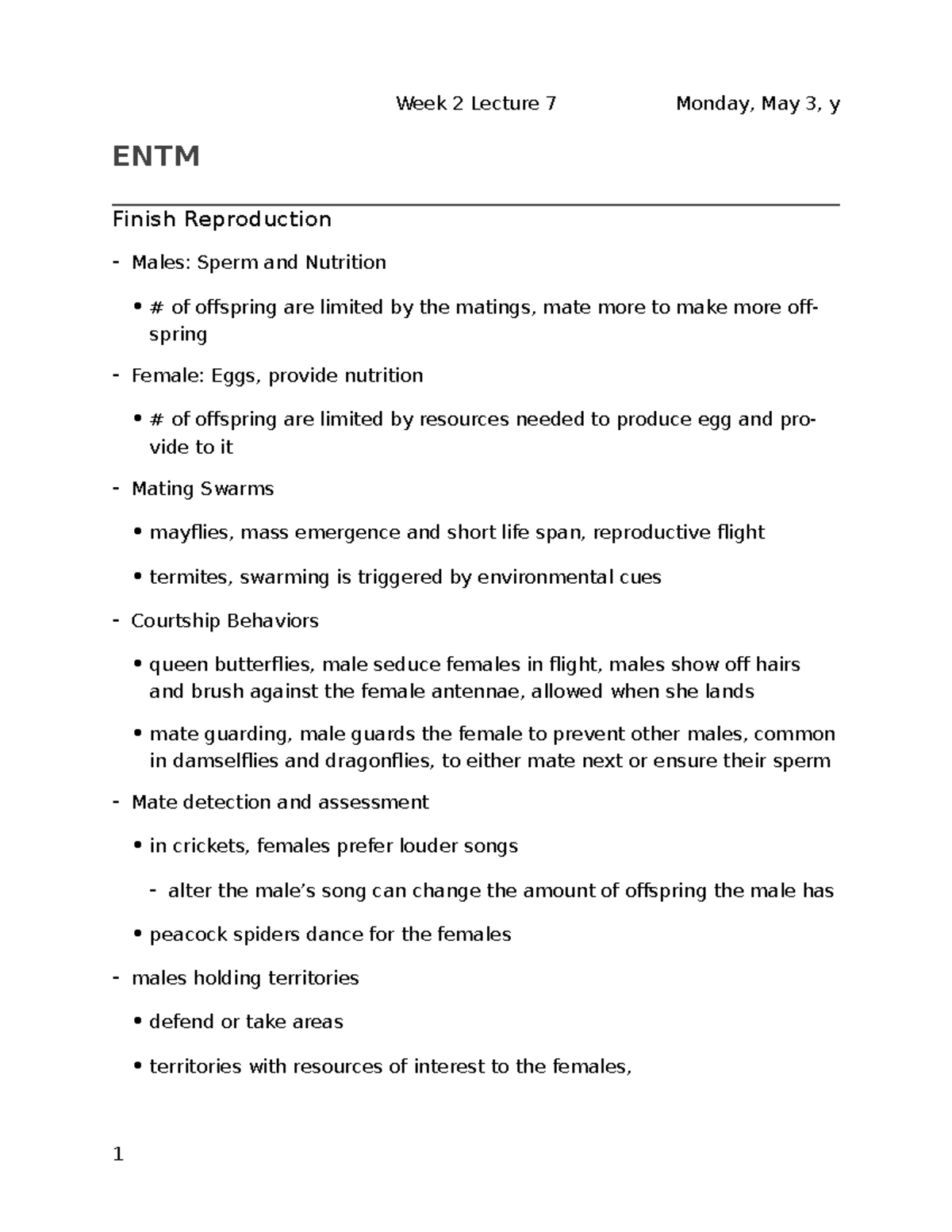 Lec7 Lecture Notes 7 Week 2 Lecture 7 Tuesday December 3 Y Entm Finish Reproduction