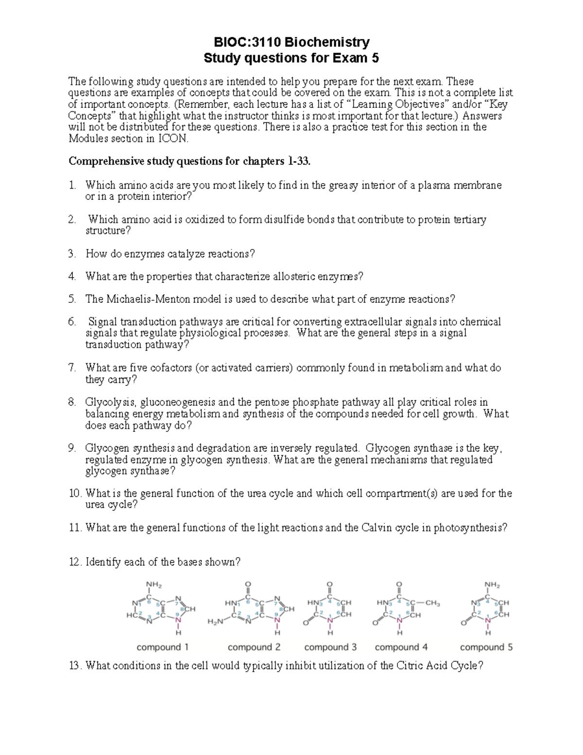 BIOC3110 Study Questions Exam5 - BIOC:3110 Biochemistry Study questions ...