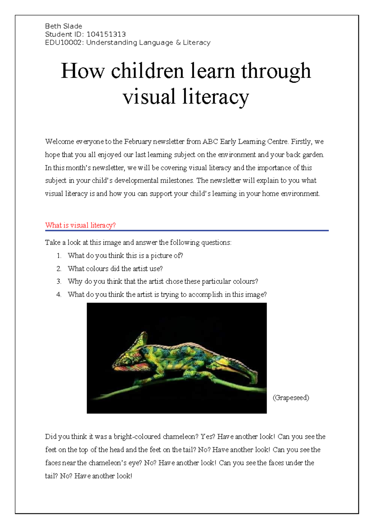 Beth Slade Visual Literacy Newsletter - Student ID: 104151313 EDU10002 ...
