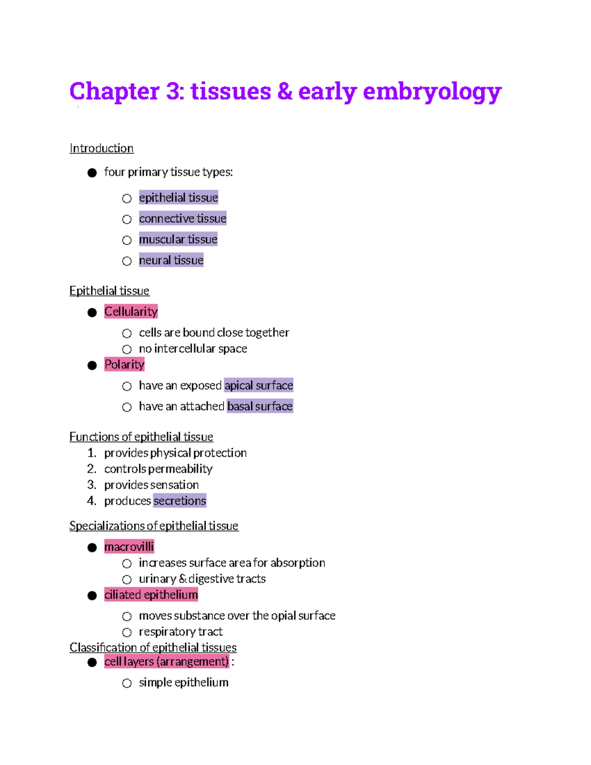 Chapter 3 tissues and early embryology - Chapter 3: tissues & early ...