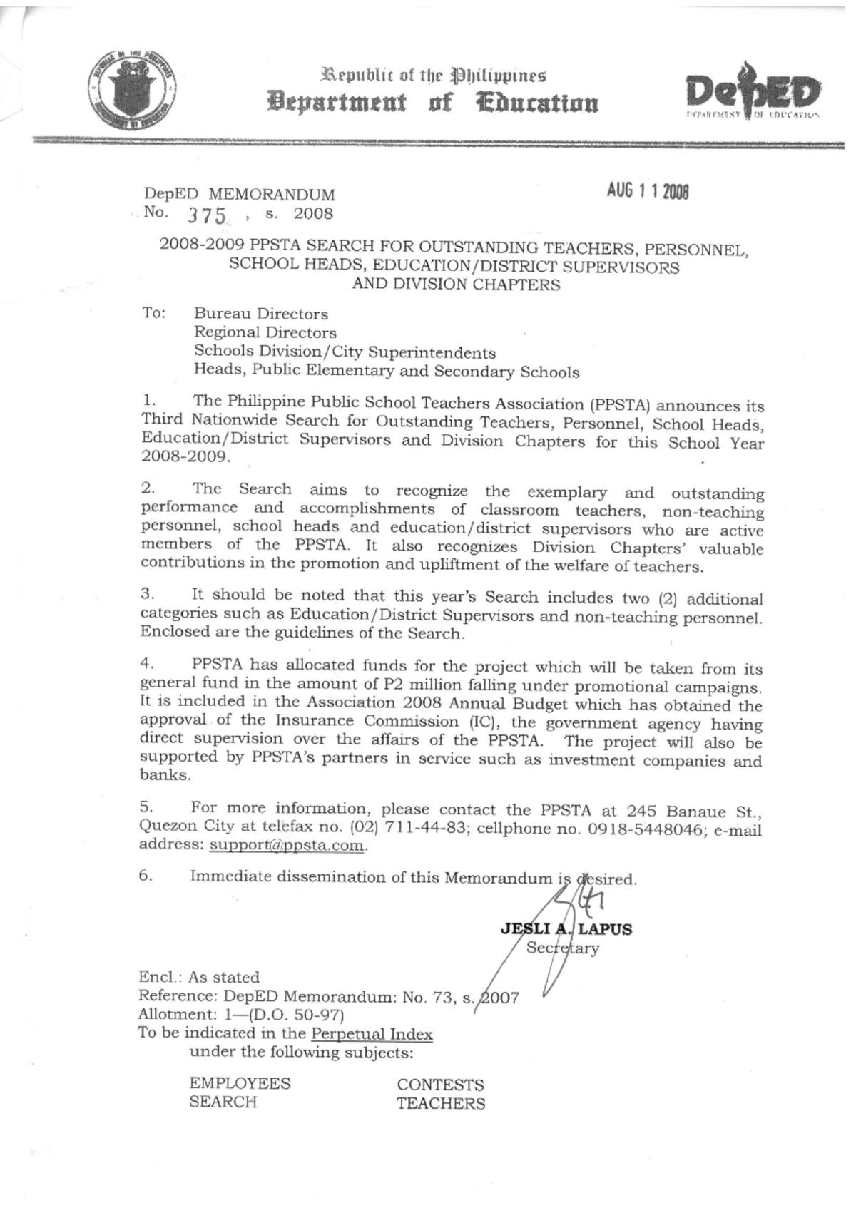 Dep Ed Memorandums - TIME Republic of the Philippines INTERNATIONAL ...