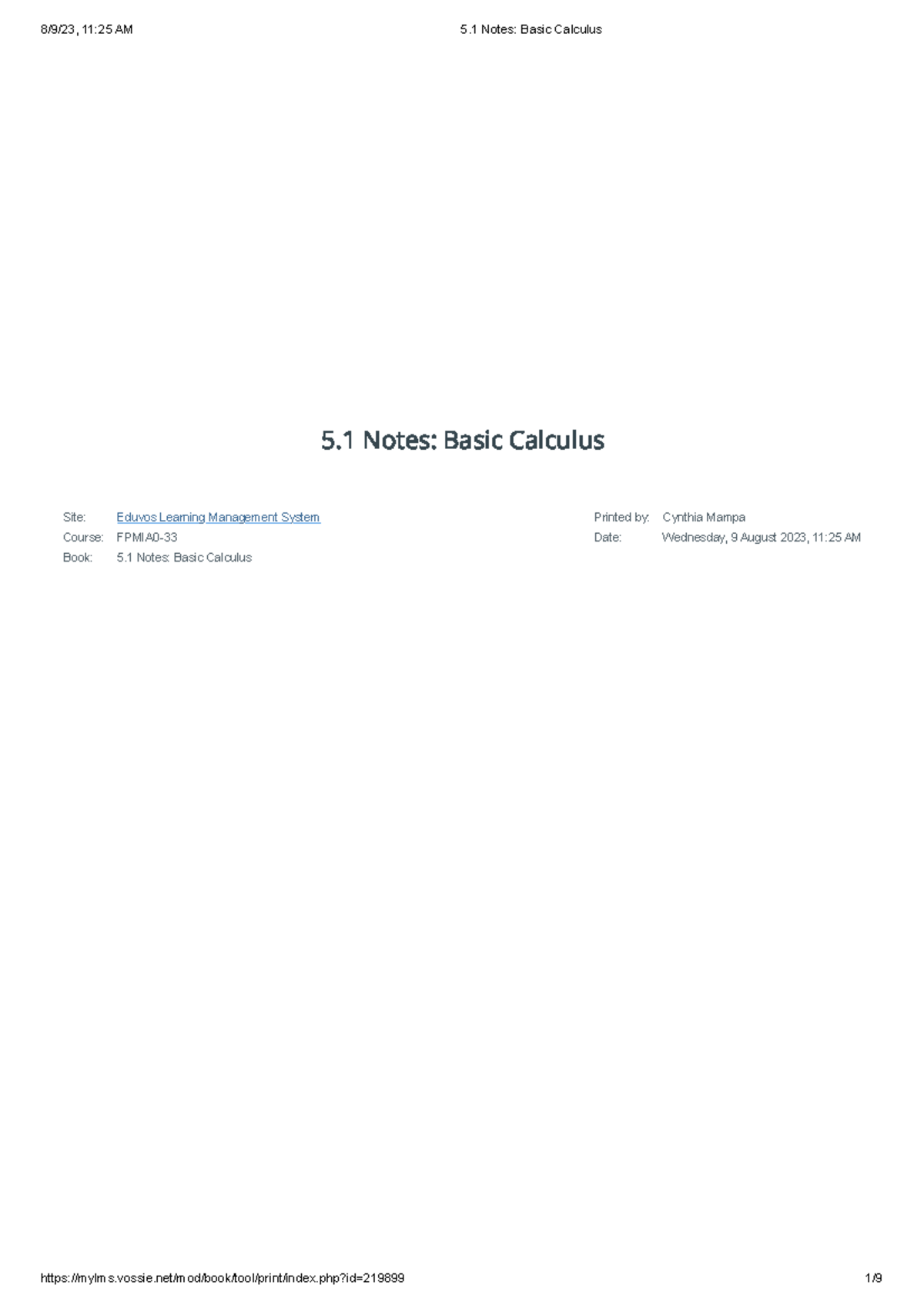 5.1 Notes Basic Calculus - 5 Notes: Basic Calculus Site: Eduvos ...