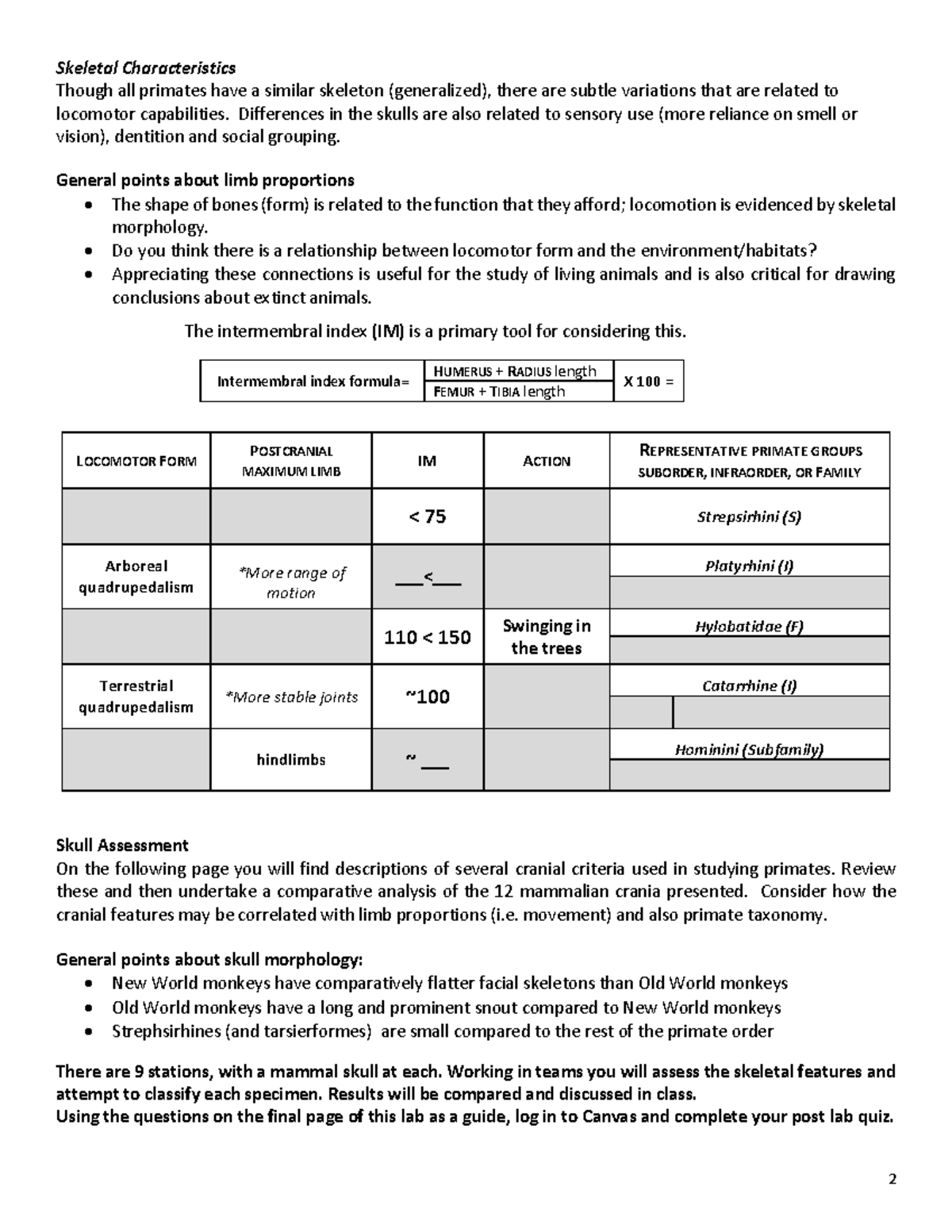 Primate lab - Lab and notes - 2 Skeletal Characteristics Though all ...