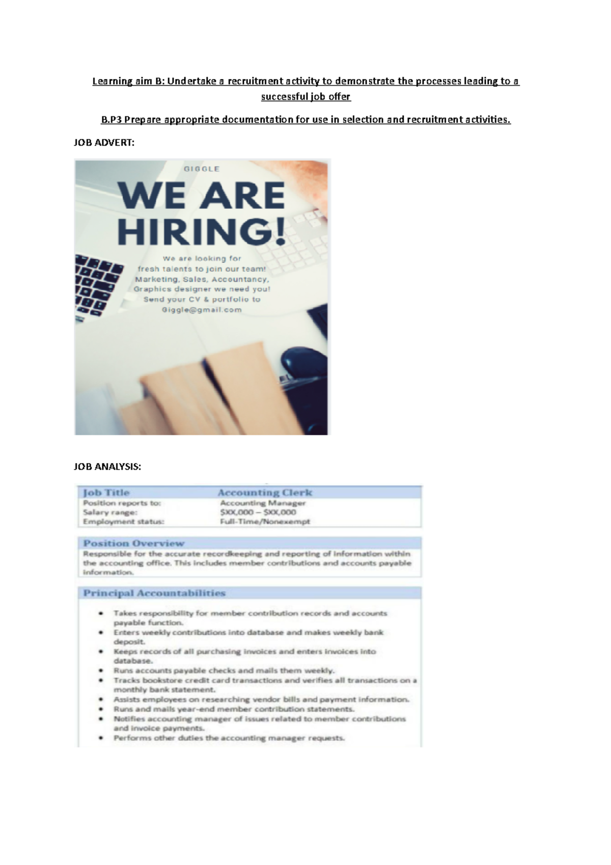 UNIT 8 ASS 2 - BUSINESS - Learning aim B: Undertake a recruitment ...