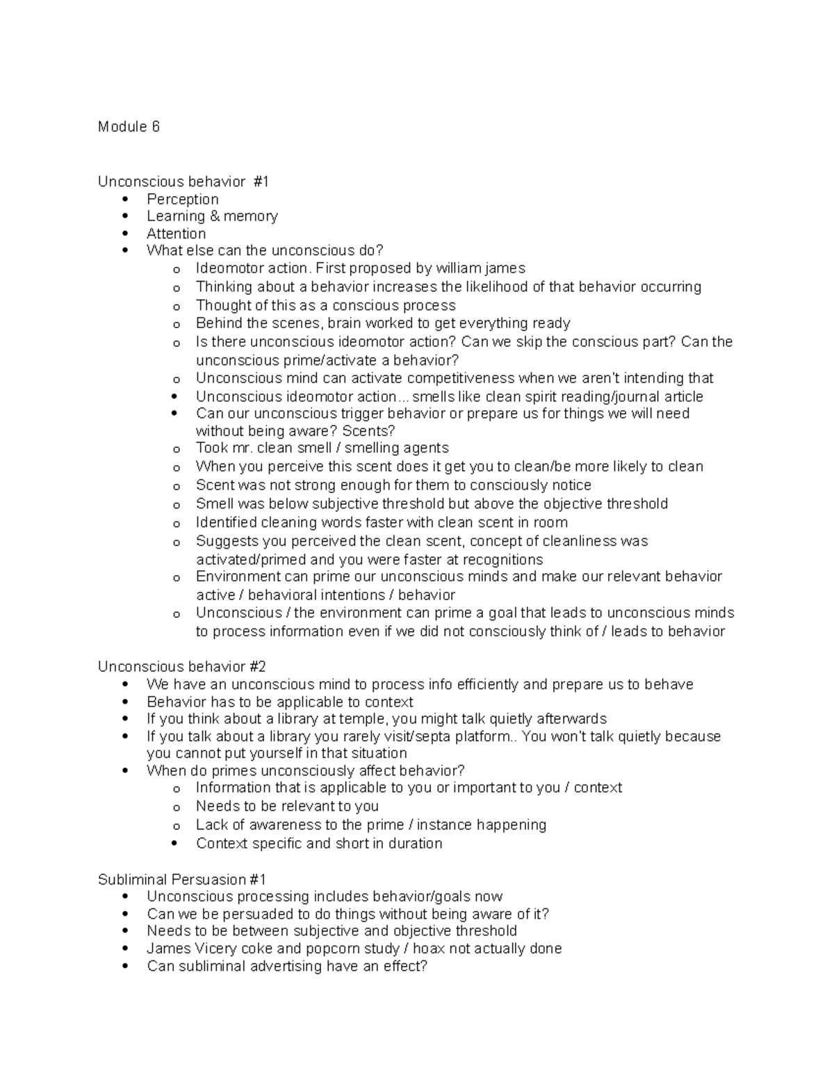 Module 6 workings of the mind - Module 6 Unconscious behavior ...