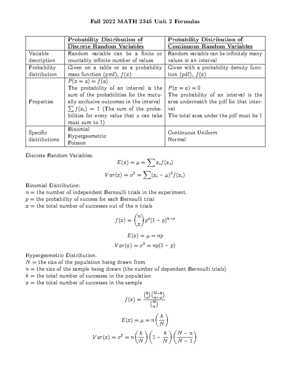 Unit2Formulas 2 - Exam 2 review - Fall 2022 MATH 2345 Unit 2 Formulas ...