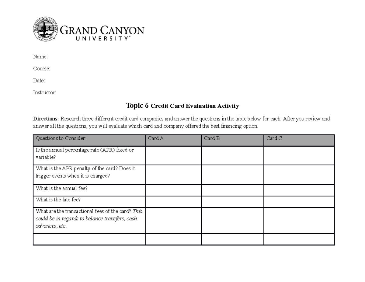 UNV103 T6 Credit Card Activity - Name: Course: Date: Instructor: Topic ...